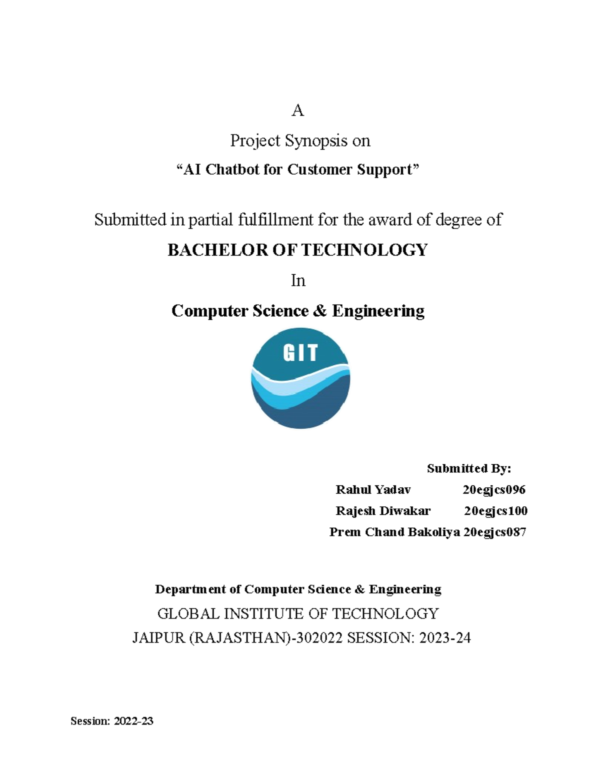 Project Synopsis B.Tech CSE: AI Chatbot for Customer Support - Studocu