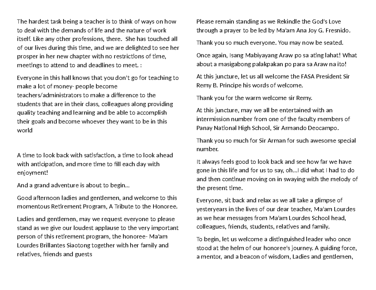 Emcee Script for Retirement Program - A Tribute to Ma’am Lourdes ...