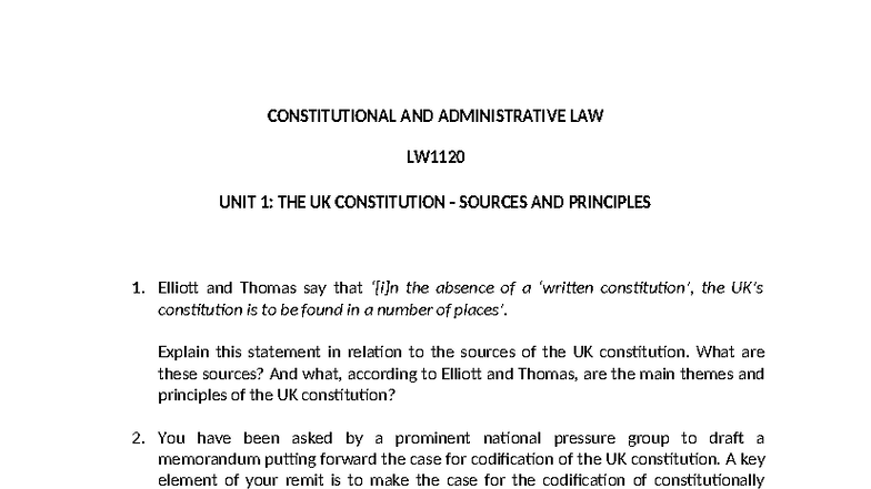 LW1120 Unit 1: UK Constitution Sources & Principles Tutorial Questions ...