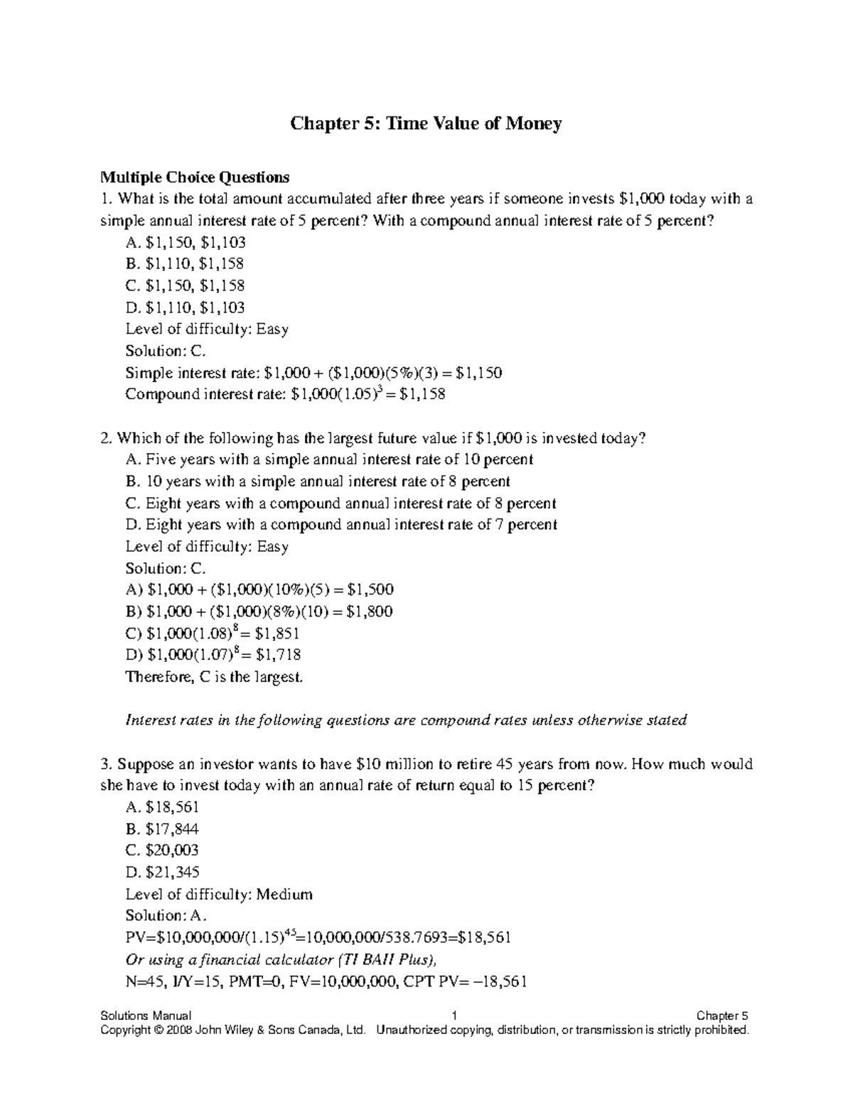 213841945 Chapter 5 Time Value of Money MCQs Solutions Manual - Studocu