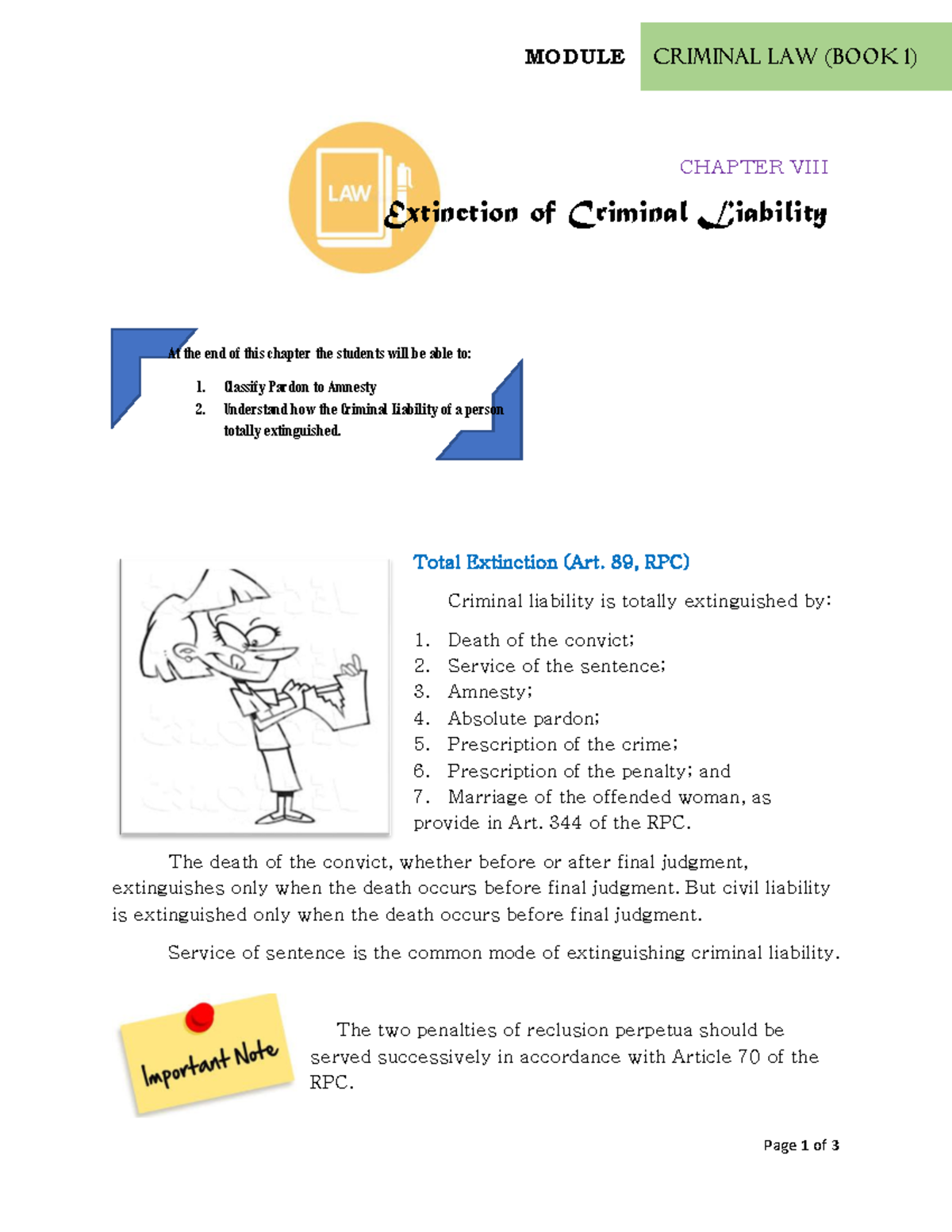 MODULE Criminal Law (Book 1) CHAPTER VIII: Extinction of Criminal ...