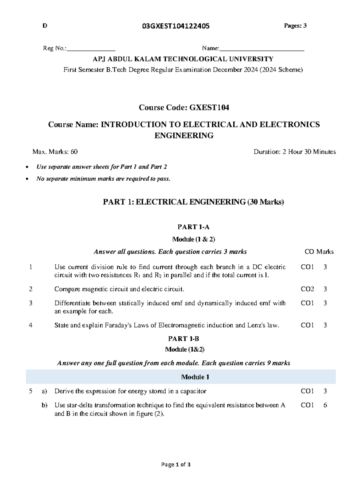 GXEST104 Final Exam: Intro to Electrical & Electronics Engg. - Studocu