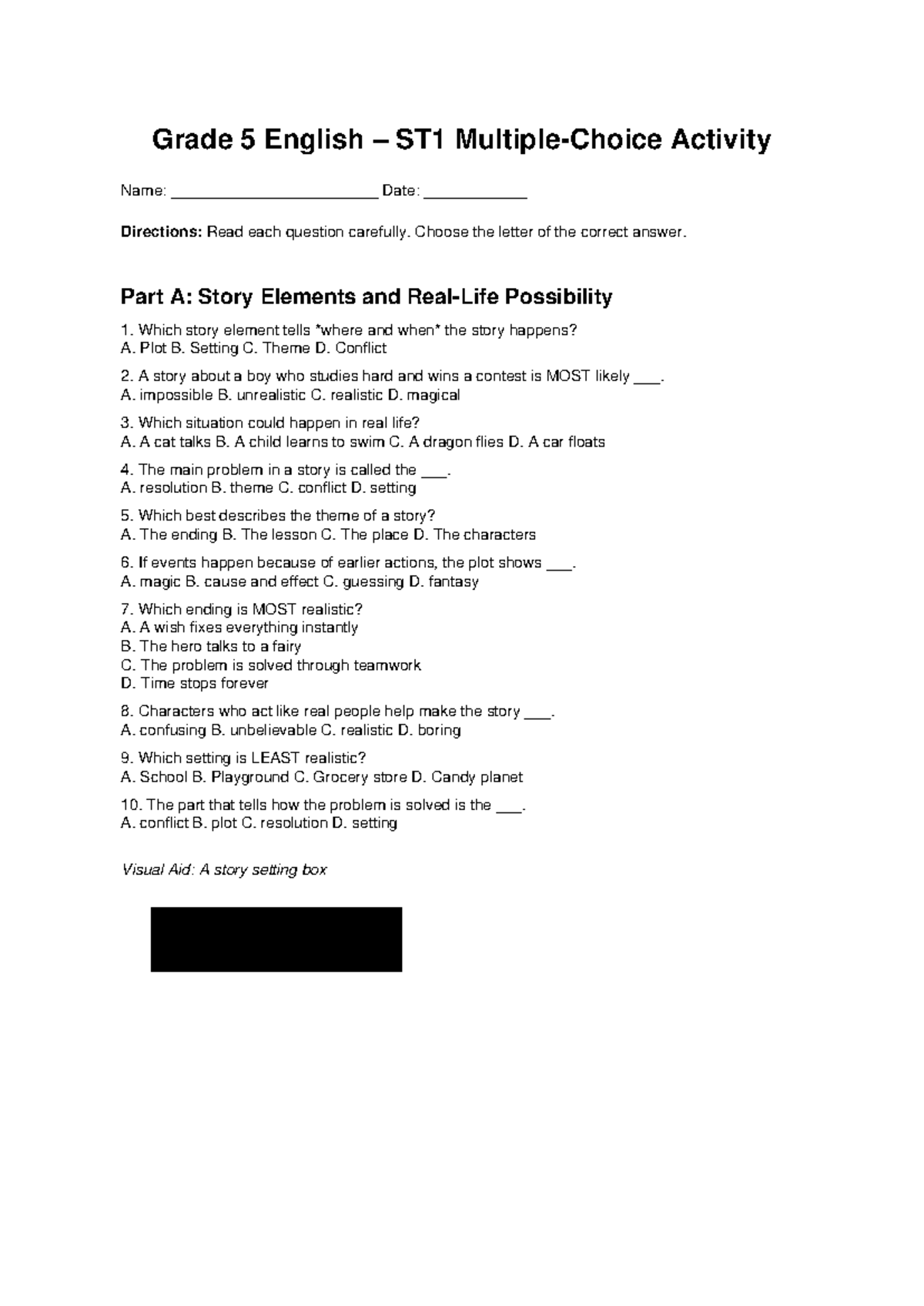 Grade 5 English ST1 Practice Test: Story Elements & Verbs - Studocu