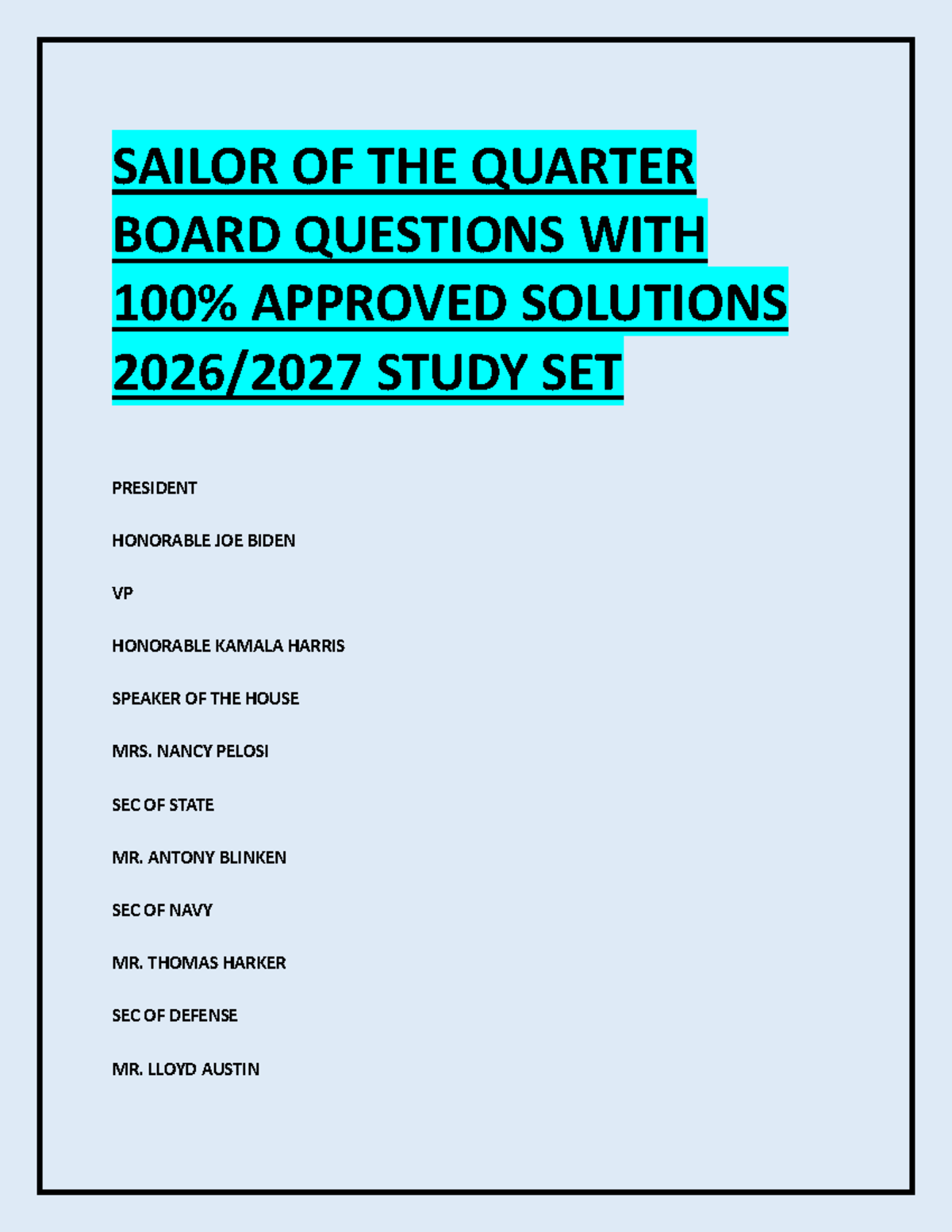 SAILOR OF THE QUARTER BOARD QUESTIONS: 100% APPROVED SOLUTIONS 2026/ ...