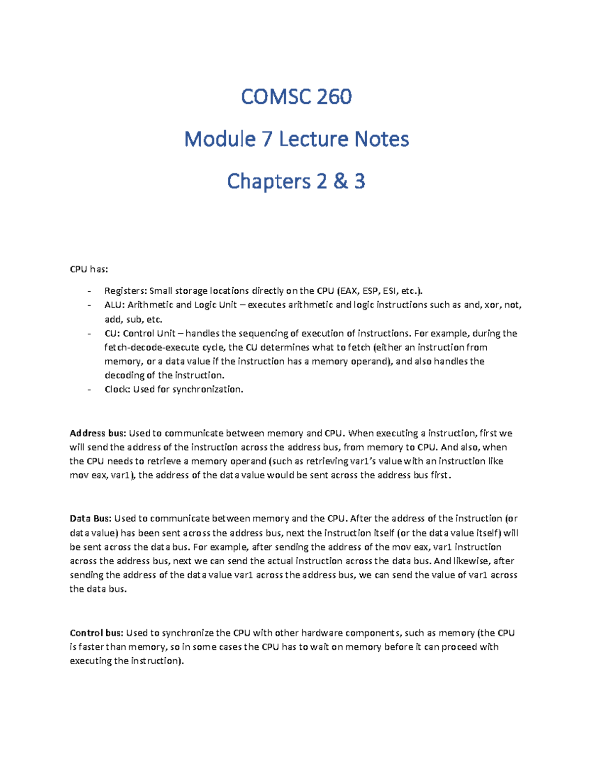 COMSC 260 Module 7 Lecture Notes: CPU Architecture & Buses - Studocu