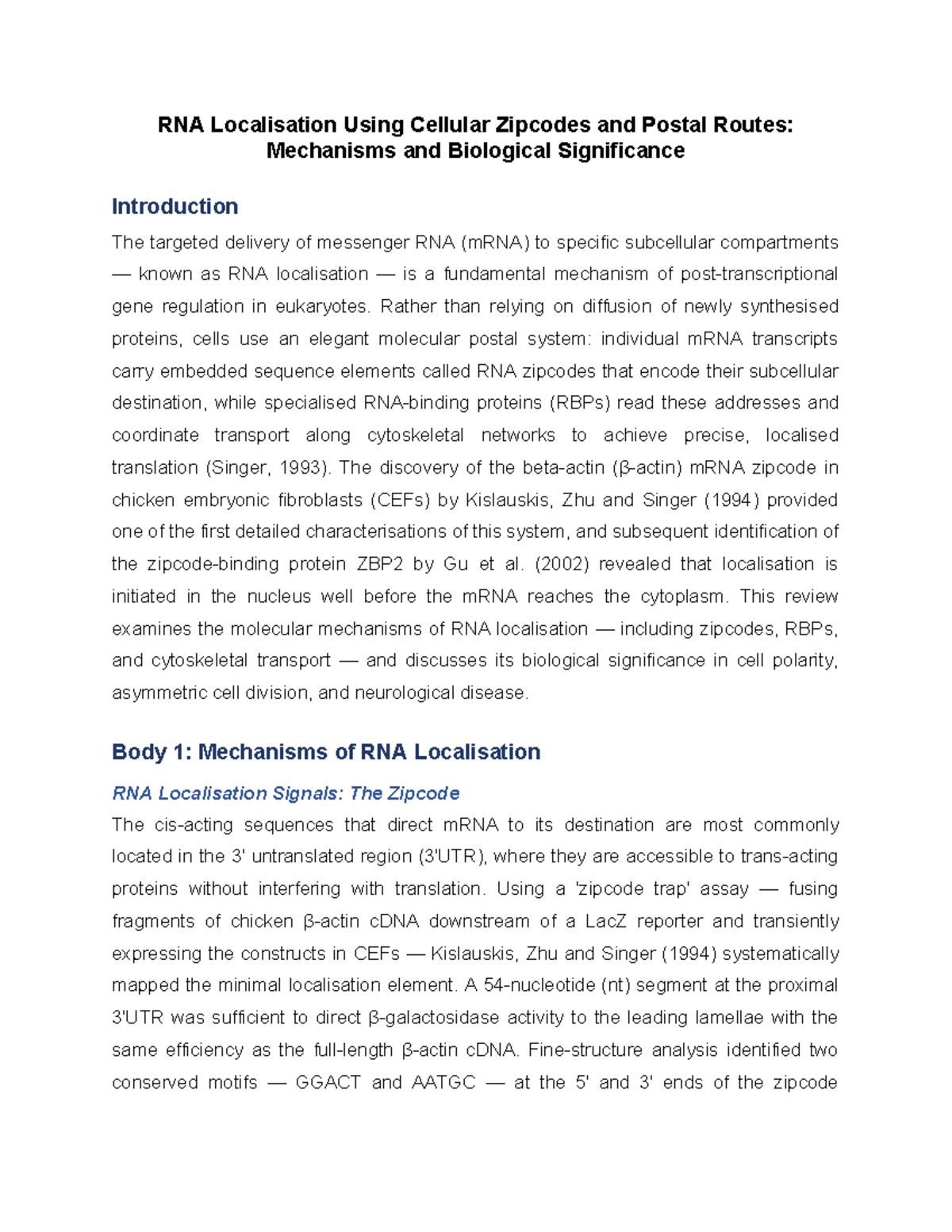 RNA Localisation Literature Review: Mechanisms & Biological ...
