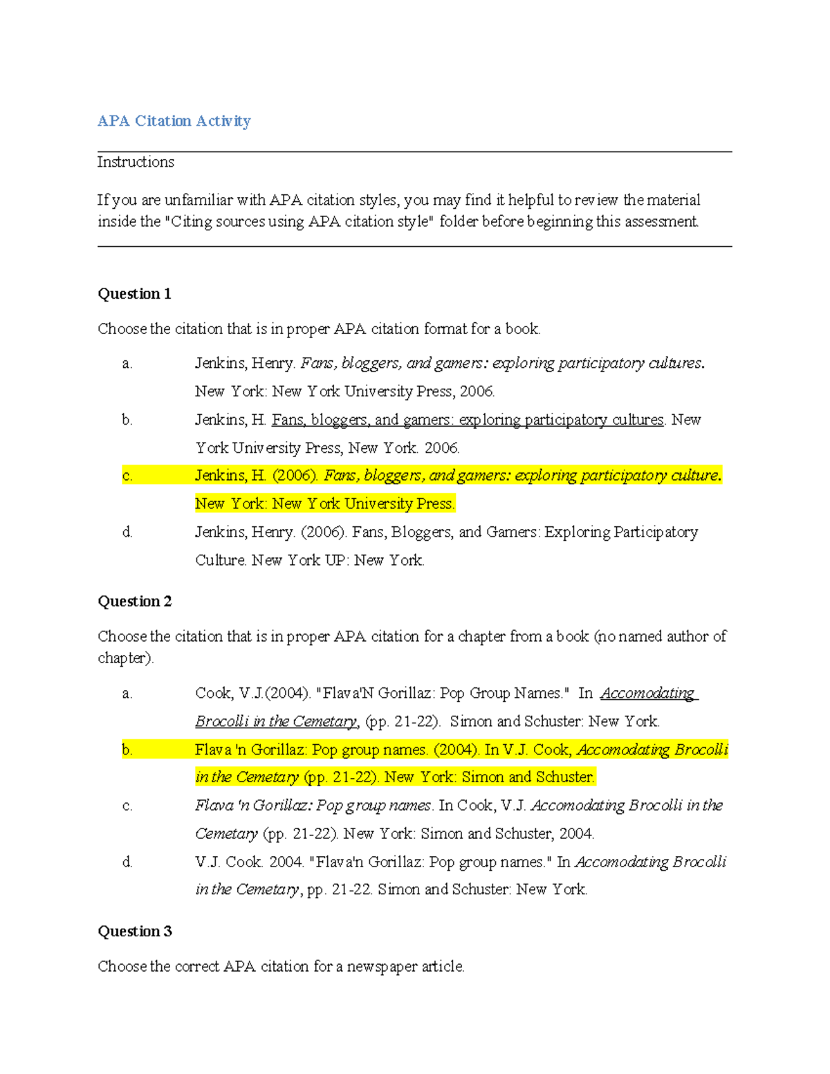 APA Citation Activity Instructions - Practice Questions - Studocu