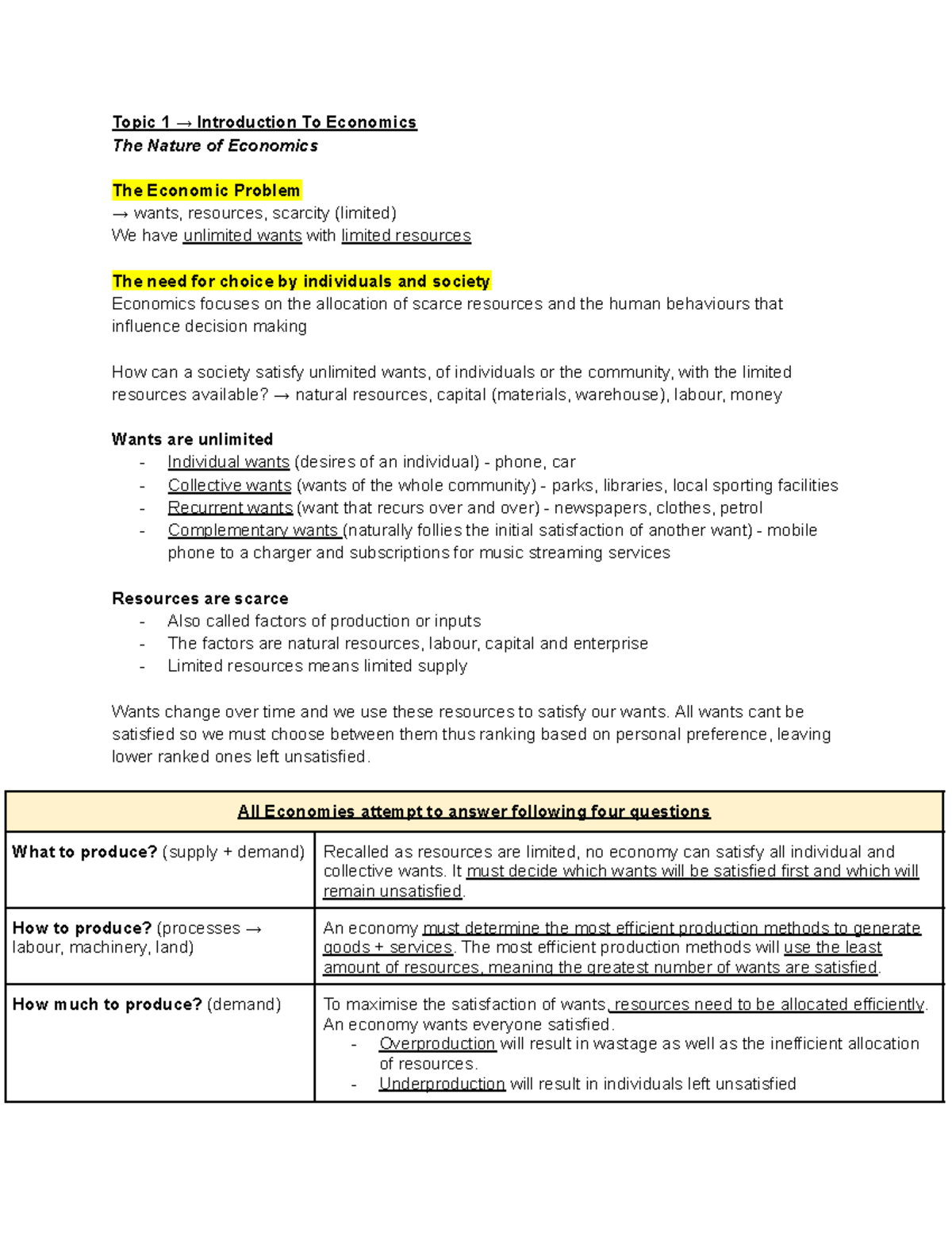 Topic 1: Intro to Economics - Key Notes & Concepts - Studocu