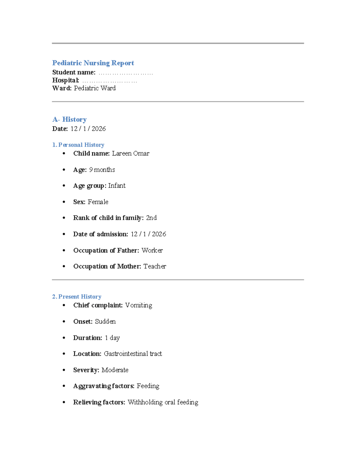 Pediatric Nursing Report: Case Study of Lareen Omar (Infant) - Studocu