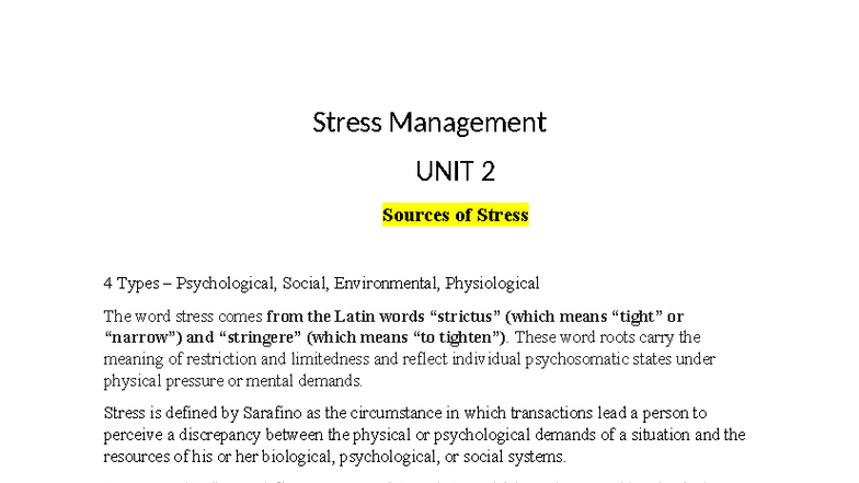 Stress Management UNIT 2: Sources and Types of Stress - Studocu