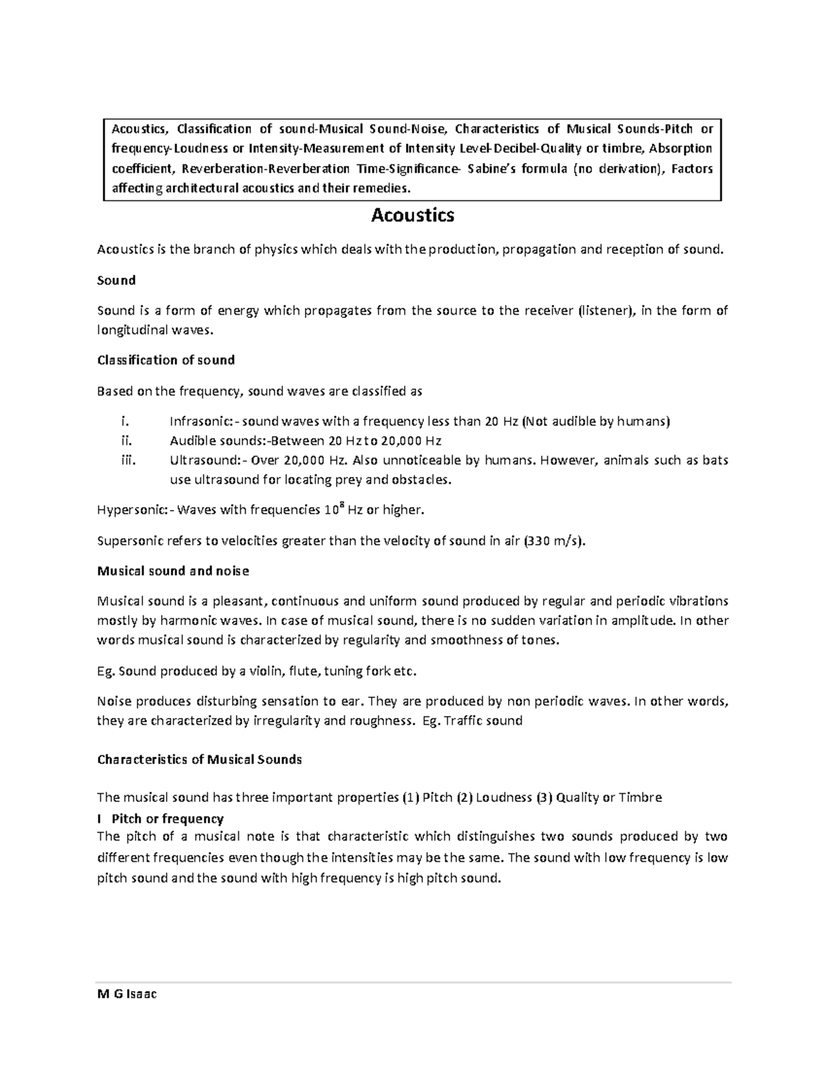 Acoustics Lecture Notes: Sound Classification and Measurement Concepts ...
