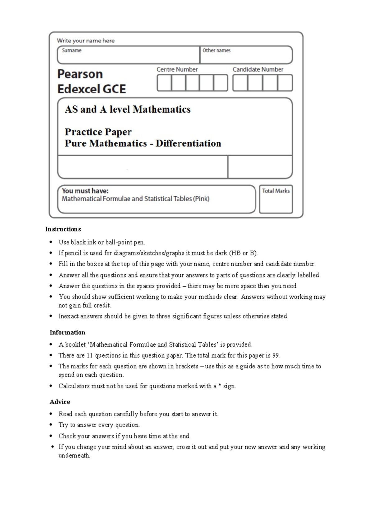 AS Mathematics Practice Paper: Differentiation (Part 1) - Studocu