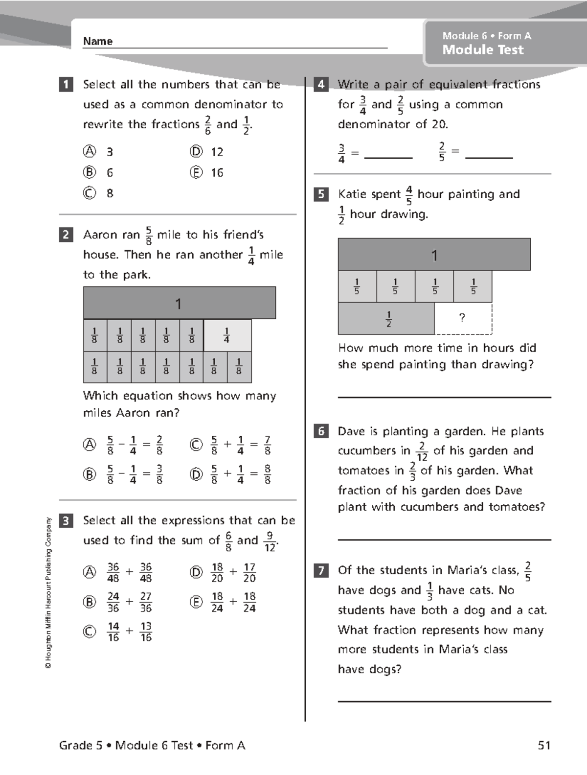 Grade 5 Module 6 Test Form A - Equivalent Fractions & Word Problems ...
