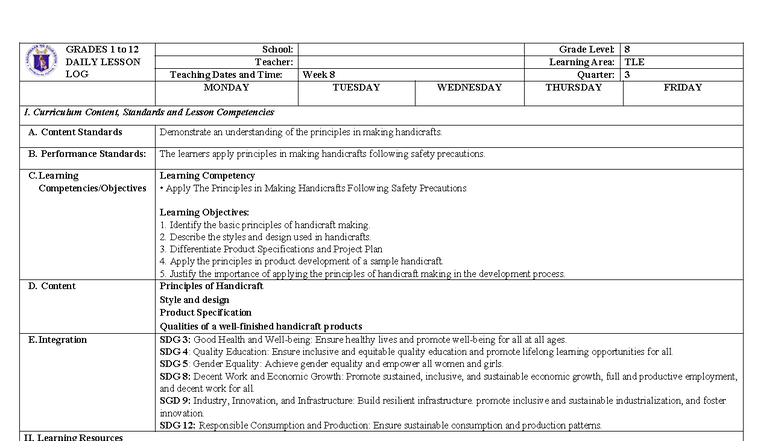 WEEK 8 DAILY LESSON LOG: TLE 8 Handicraft Principles and Practices ...