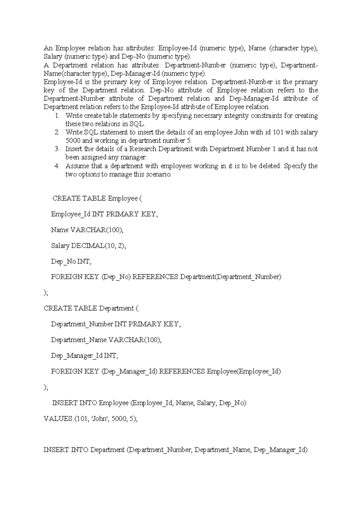 SQL Queries for Employee and Department Relations (CS101) - Studocu