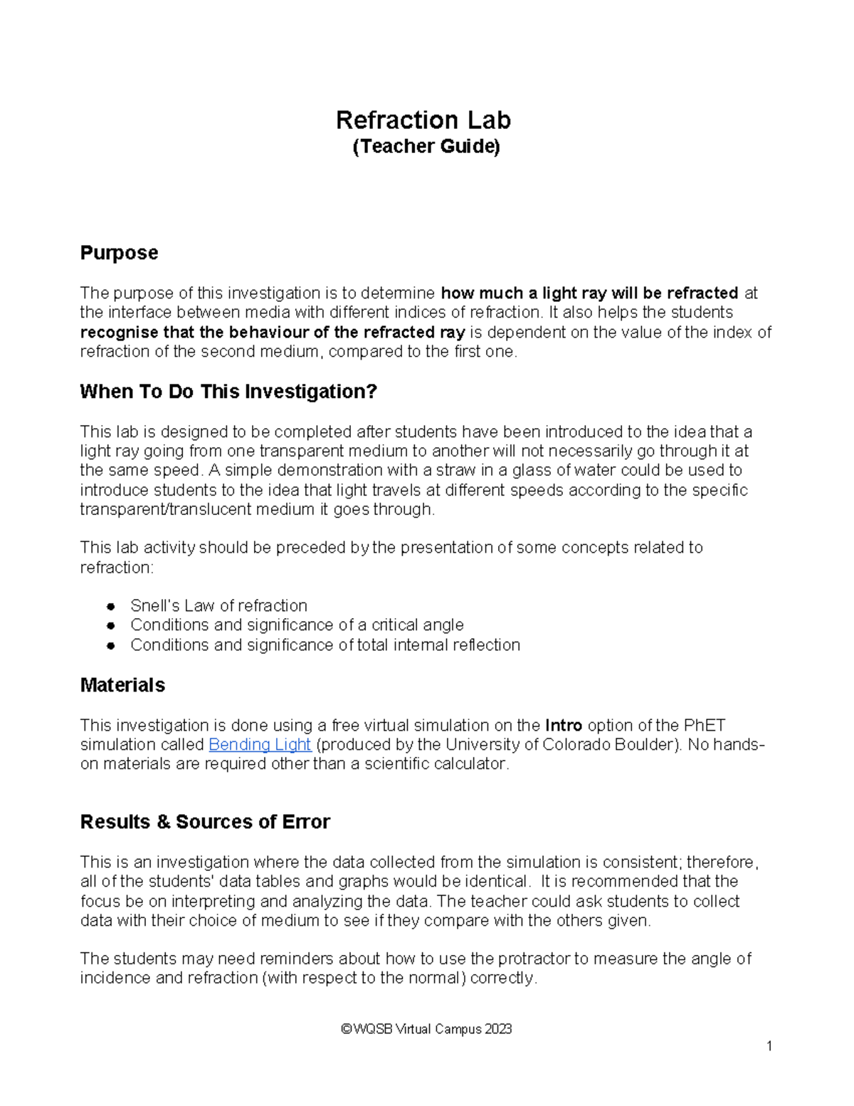 Refraction Lab (PHYS 101) Teacher Guide: Understanding Light Behavior - Studocu