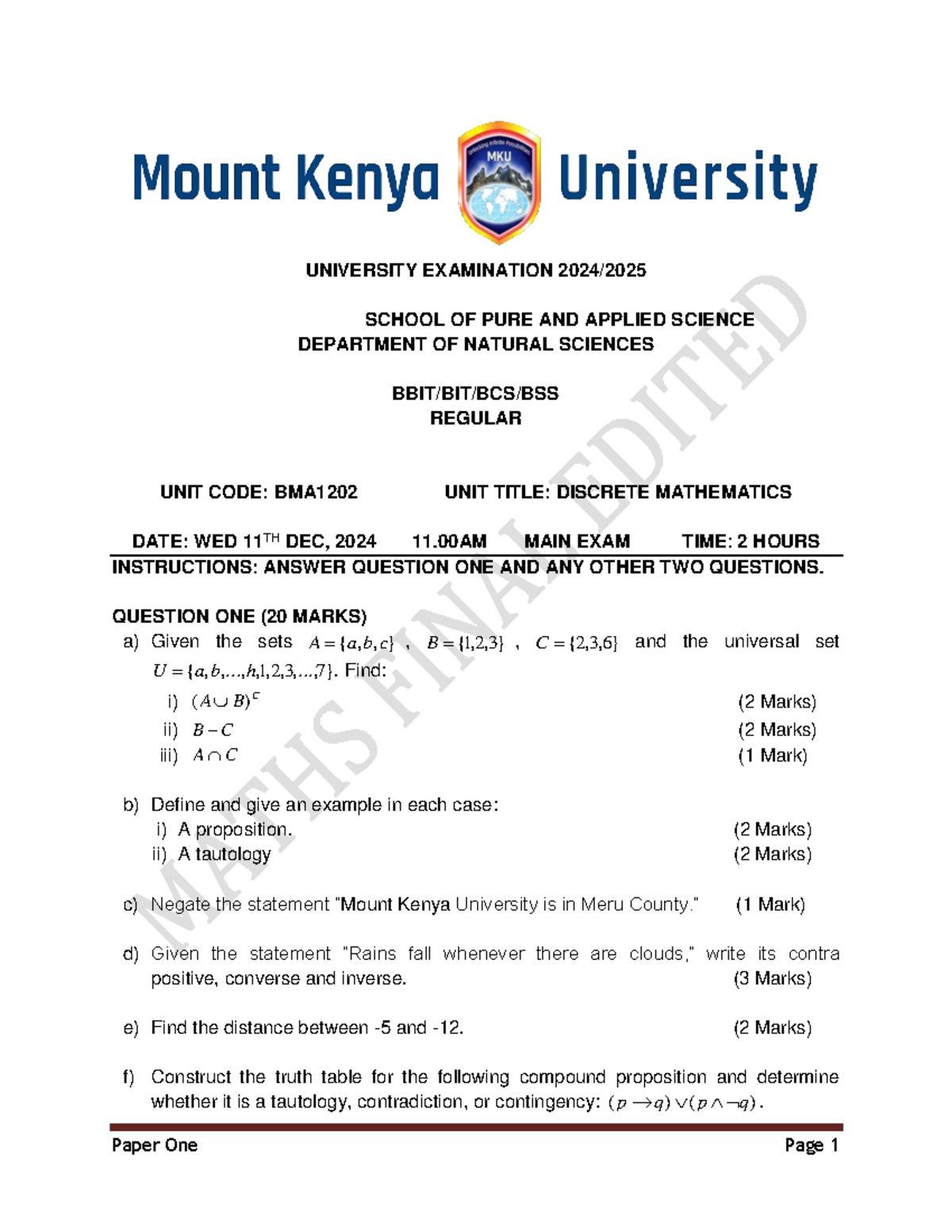 BMA1202 Discrete Mathematics REGULAR EXAM QUESTIONS & SOLUTIONS - Studocu