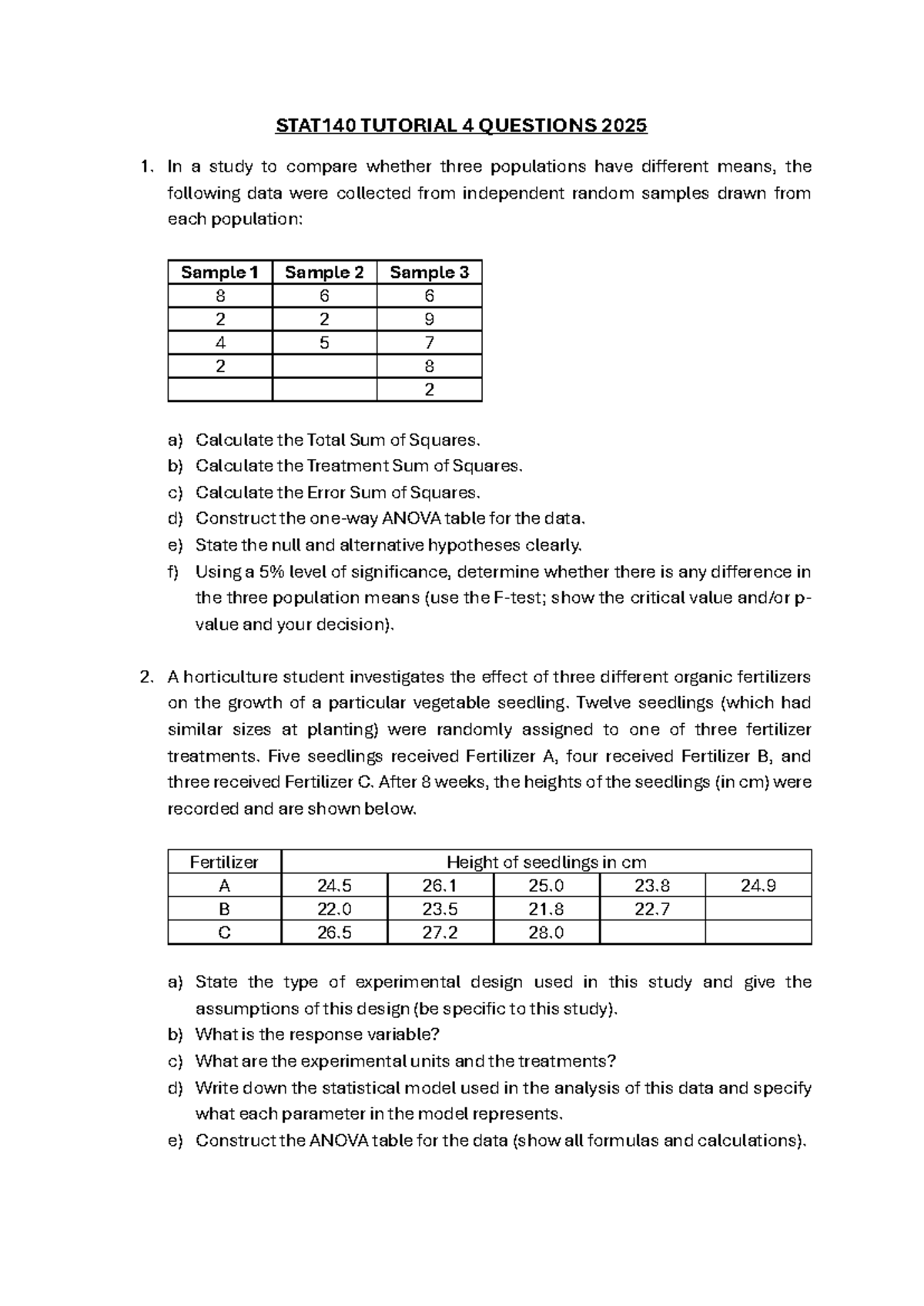 STAT140 TUTORIAL 4 ANOVA QUESTIONS & ANALYSES 2025 - Studocu