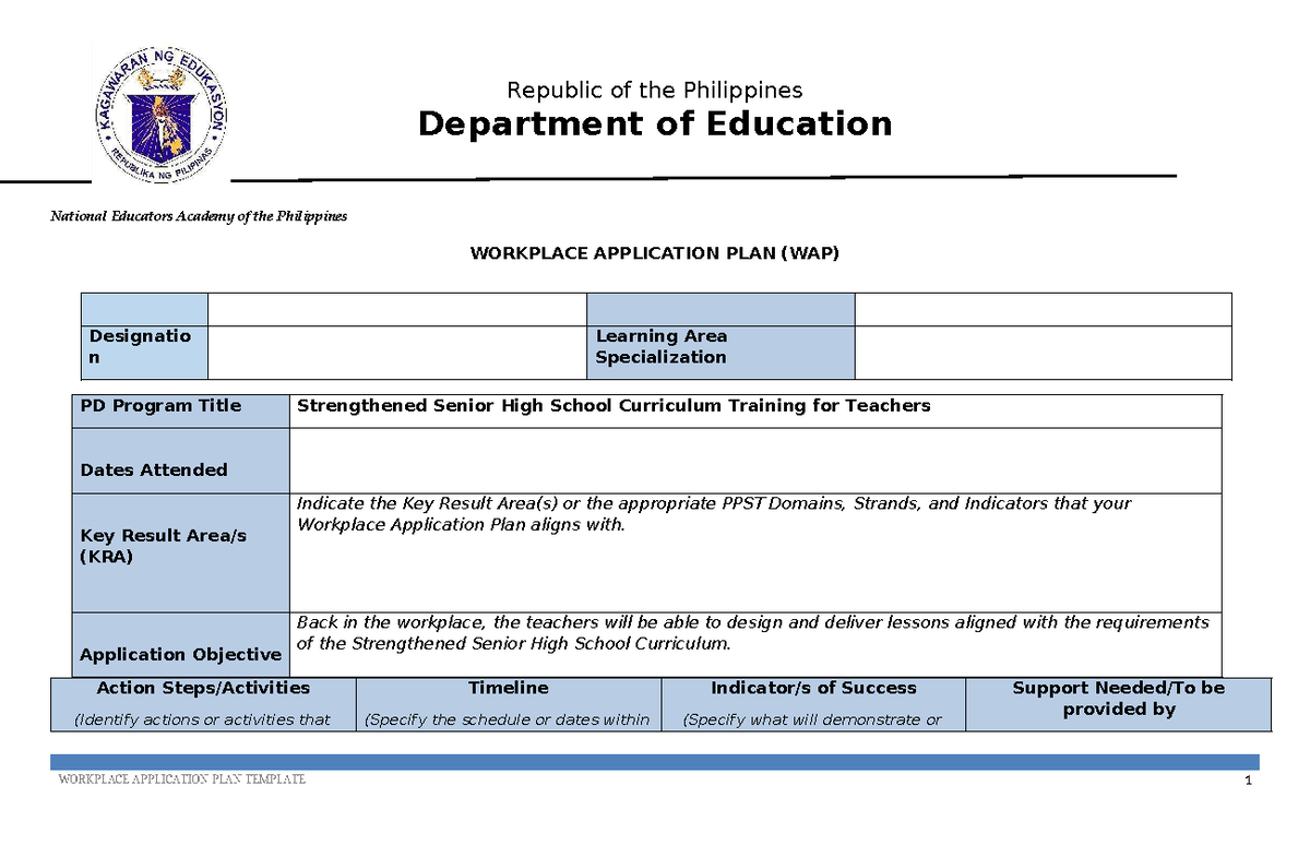 WAP Template for Strengthened SHS Curriculum Training - Studocu