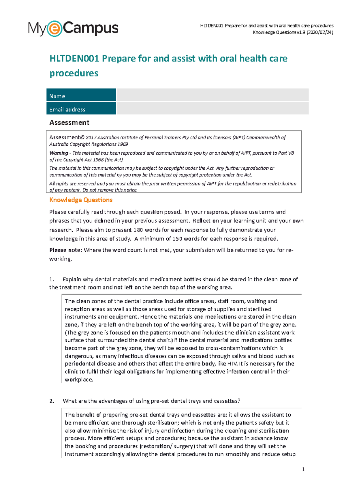 Hltden 001-Knowledge Questions - HLTDEN001 Prepare for and assist with ...