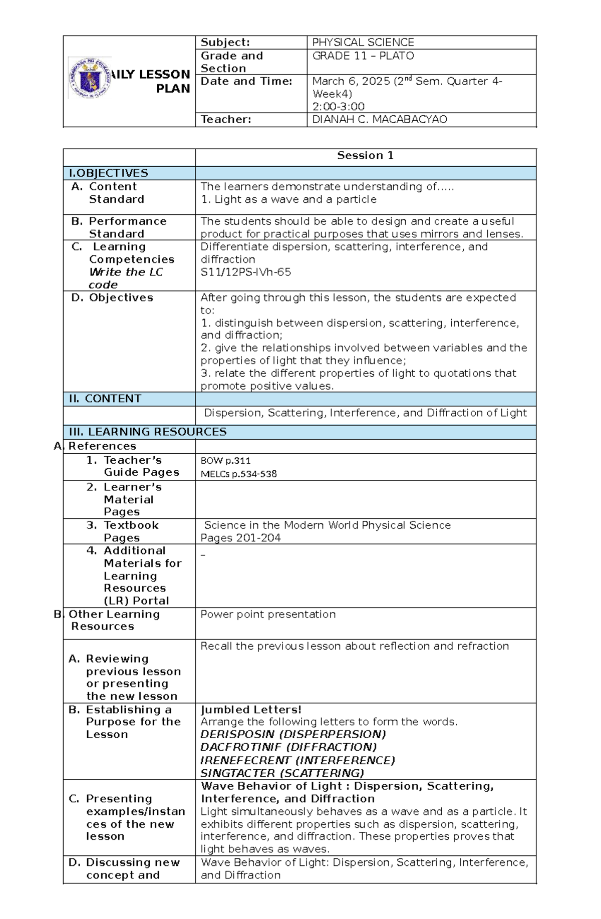COT 11 Final lesson plan on wave behavior of light concepts - Studocu