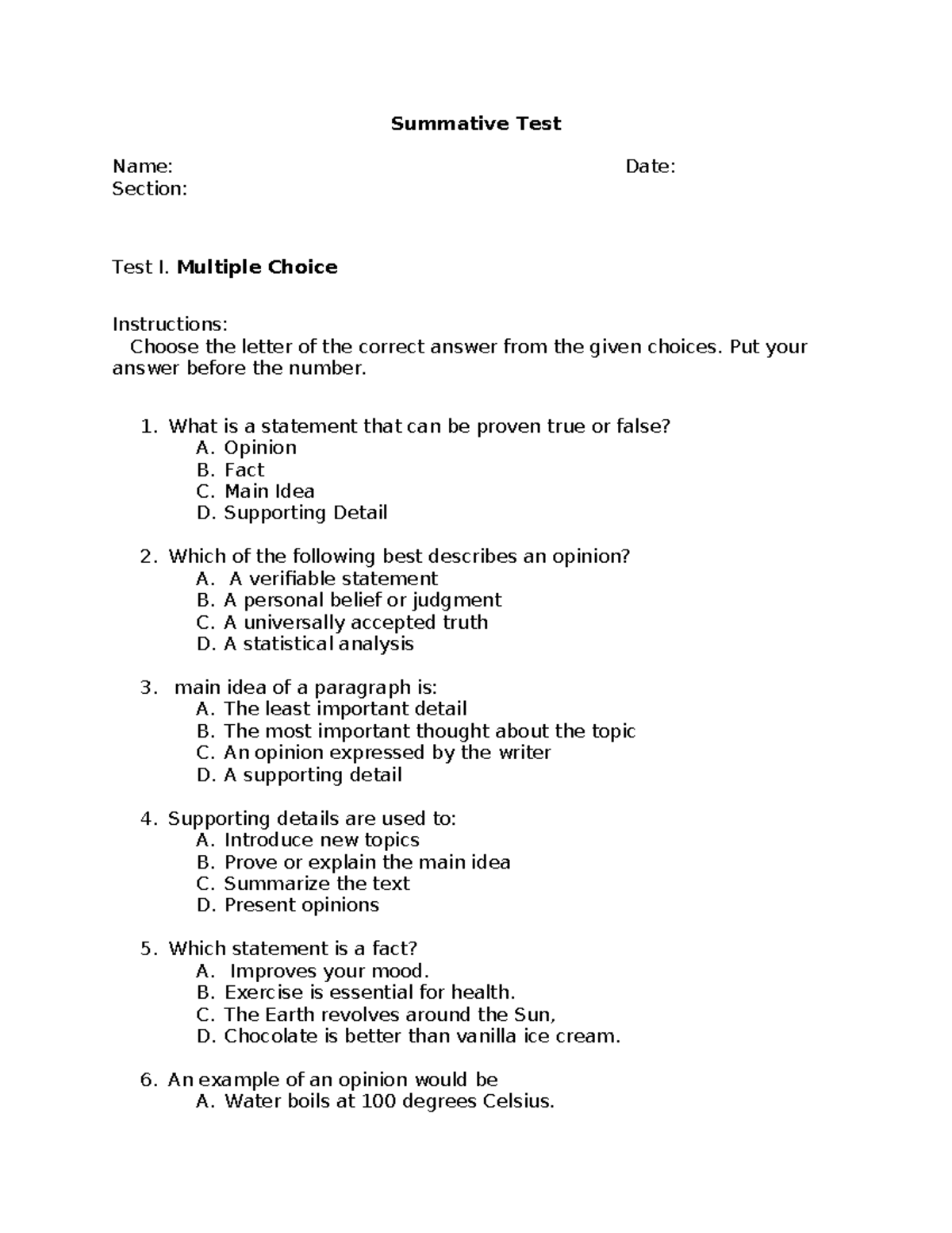 Summative Test I - Understanding Facts and Opinions - Studocu