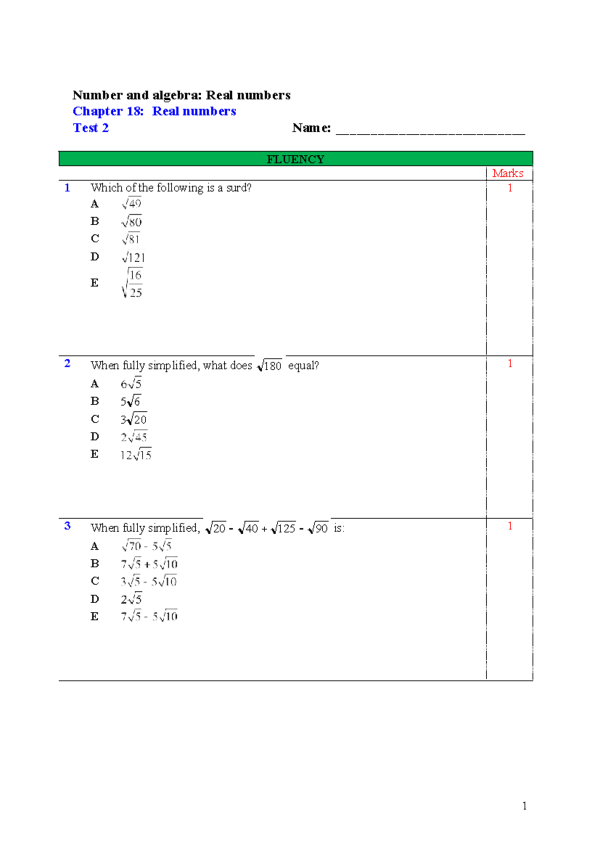 Surds and Real Numbers Test: Chapter 18 (FLUENCY) - Studocu