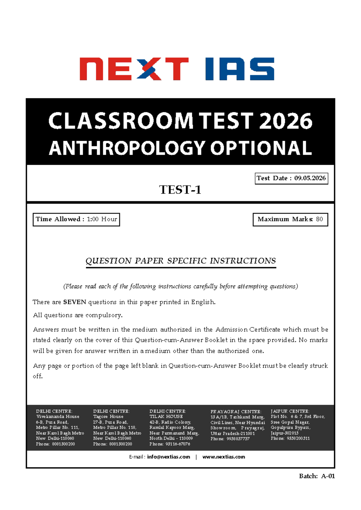 AN27CT101 2026 Anthropology Optional Classroom Test Paper - Studocu