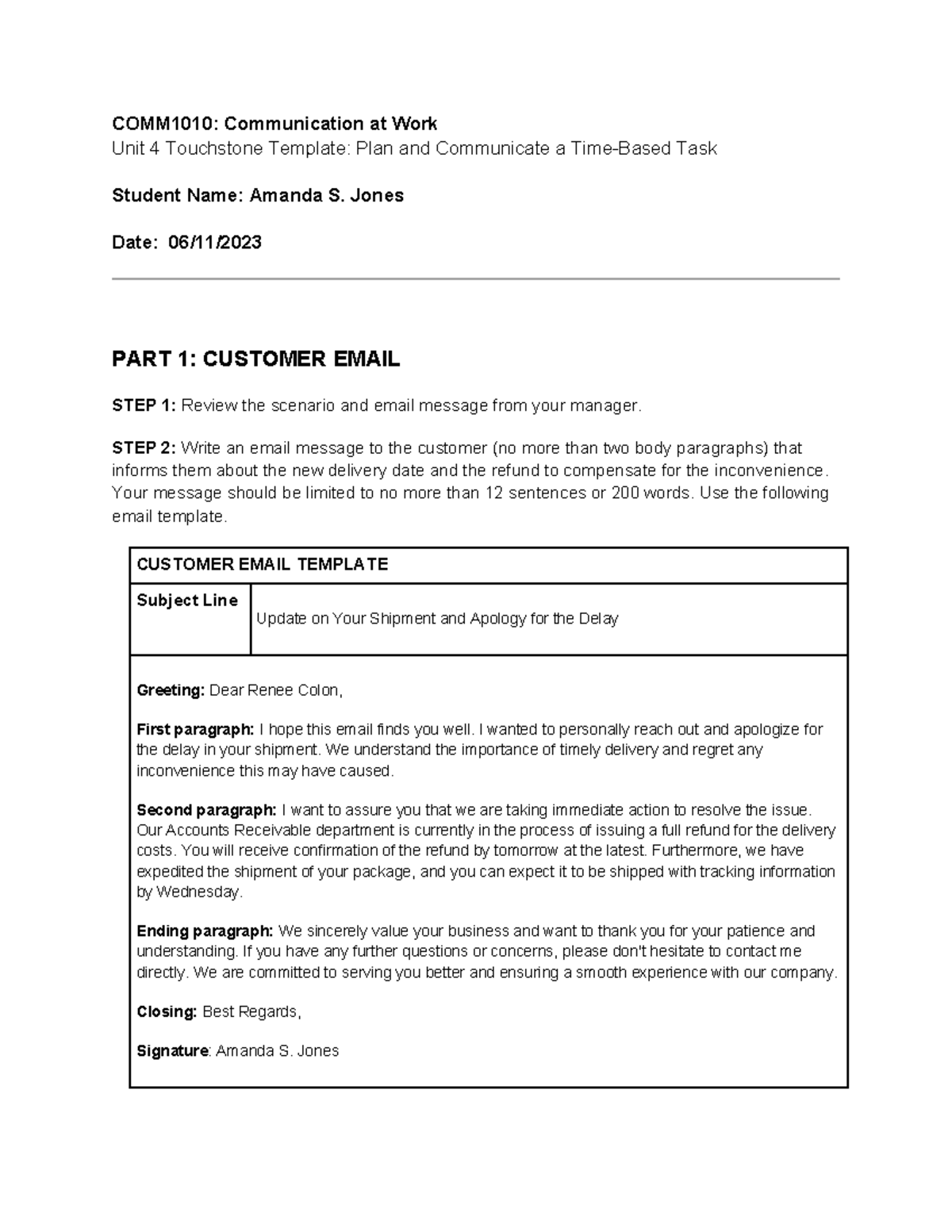 COMM1010: Unit 4 Touchstone - Plan & Communicate Time-Based Tasks - Studocu