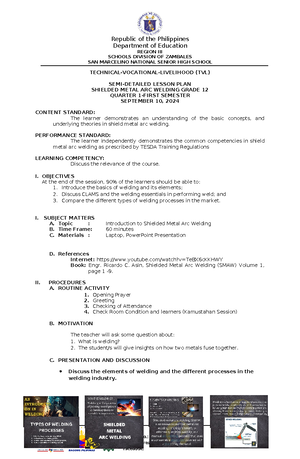 SEMI Detailed Lesson PLAN -SMAW 9 - Address: Contact No.: Email Address ...