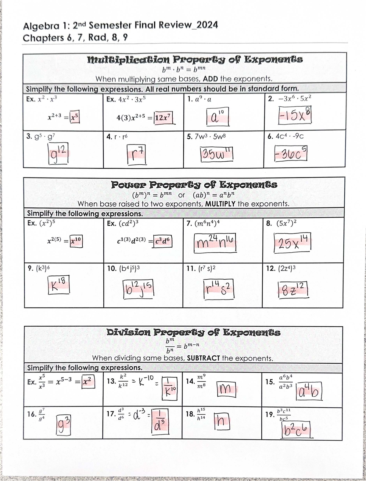 Algebra 1: 2ⁿᵈ Sem. Final Review 2024 - Exponents & Properties - Studocu