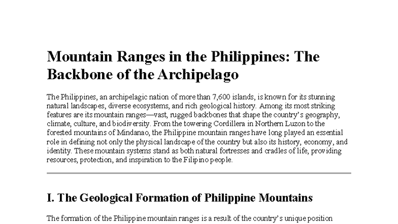 Philippine Mountain Ranges: Geological and Cultural Insights - Studocu