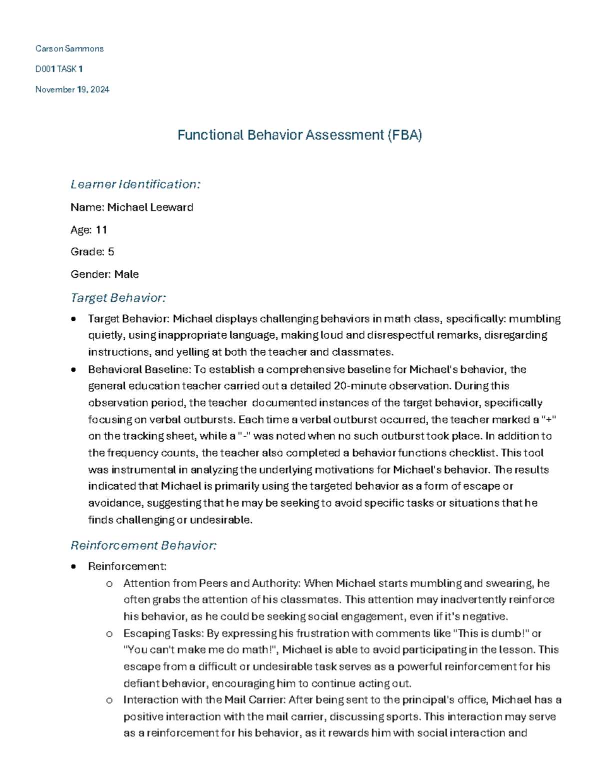 D001 TASK 1 - Functional Behavior Assessment for Michael Leeward - Studocu