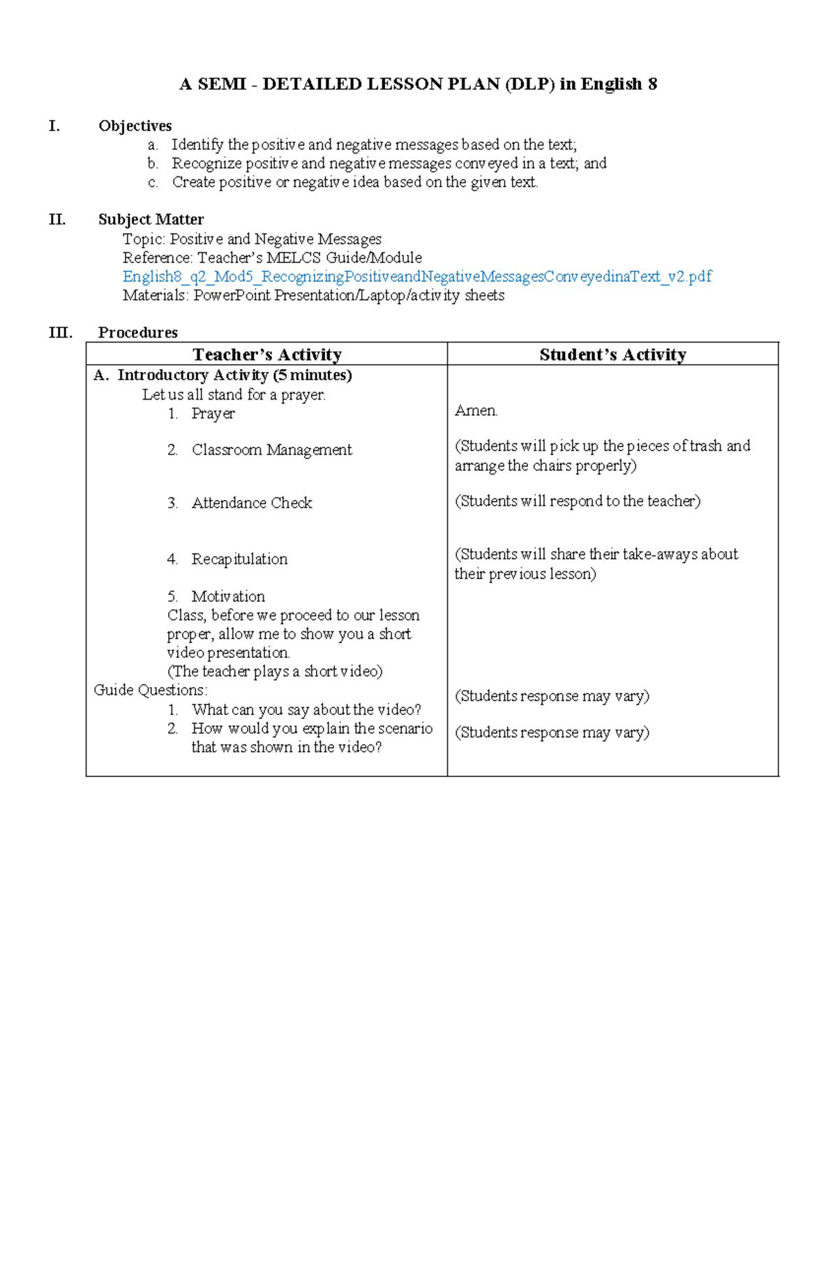 English 8 Lesson Plan: Understanding Positive & Negative Messages - Studocu