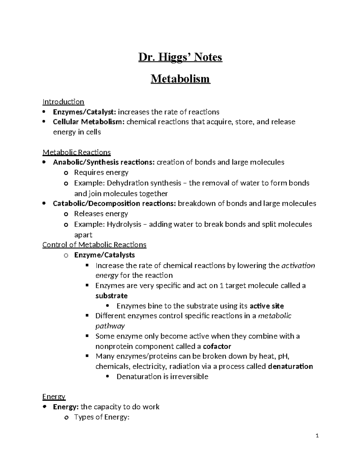 Metabolism Notes: Understanding Cellular Reactions and Energy - Studocu