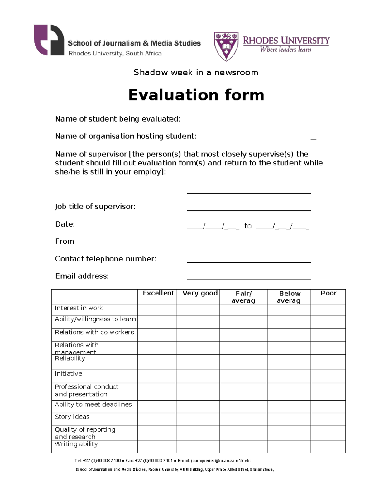 Vac Work Shadow Week Evaluation Form - Journalism Course - Studocu