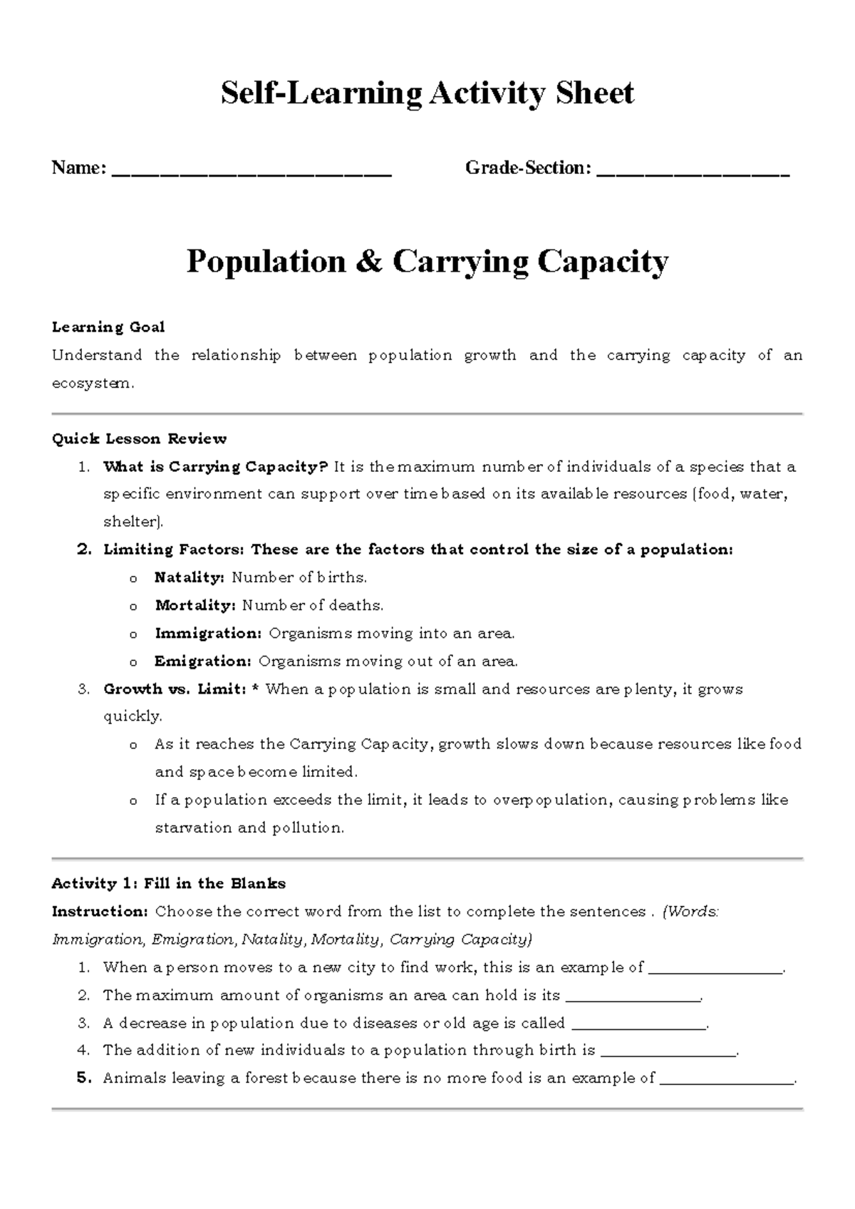 LAS Activity Sheet: Understanding Population Carrying Capacity - Studocu