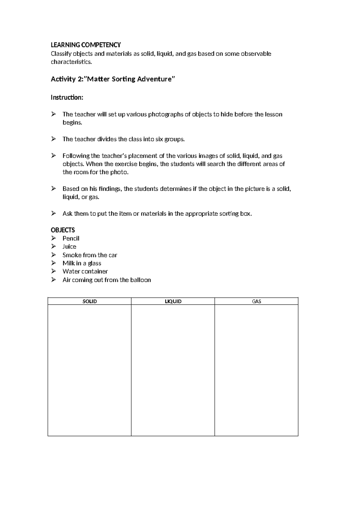 Activity 2: Matter Sorting Adventure Worksheet - Science Class - Studocu