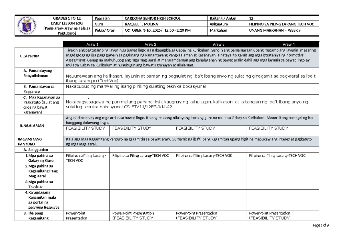 GRADES 1 TO 12 DAILY LESSON LOG: FILIPINO SA PILING LARANG TECH VOC ...