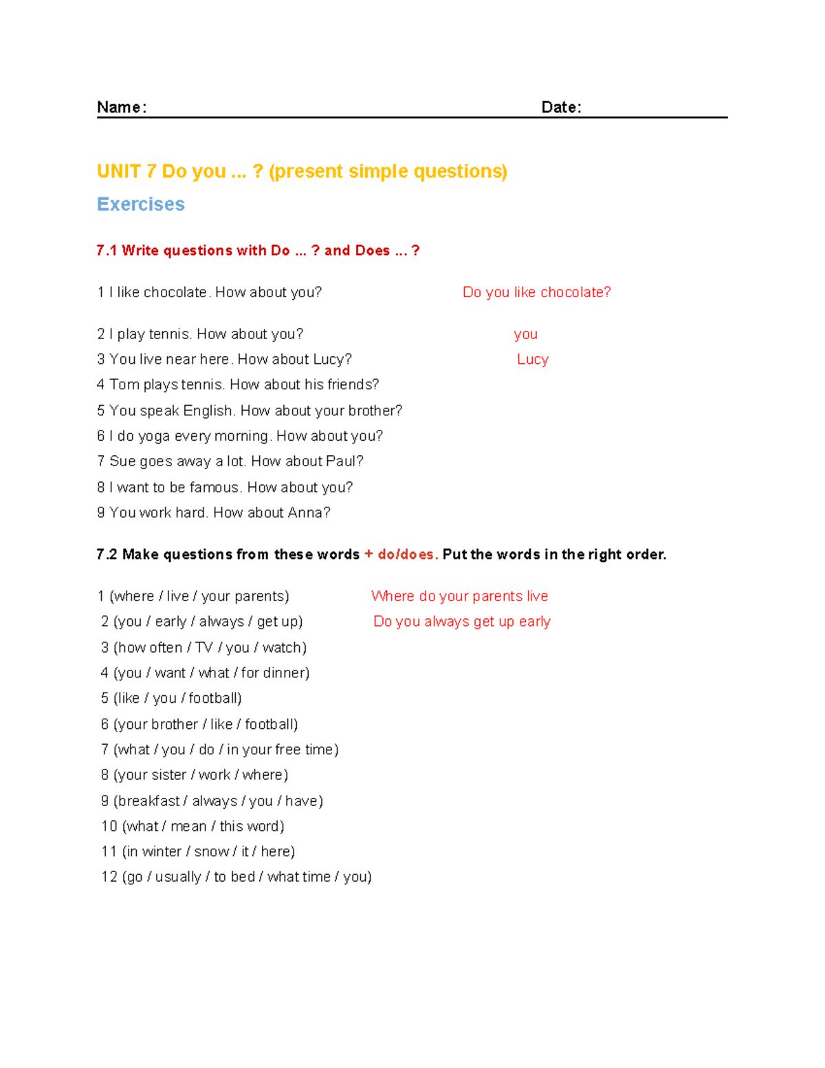 Unit 7 Present Simple Questions Exercises Complete Guide Studocu