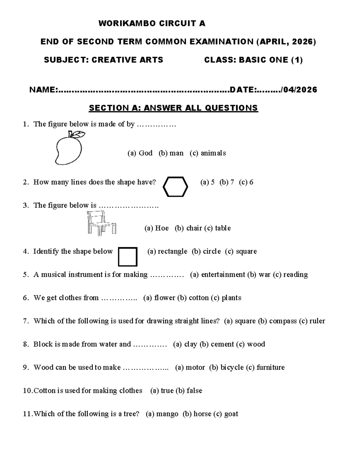 Worikambo Circuit A 2026 End of Term Common Exam: Creative Arts & RME ...