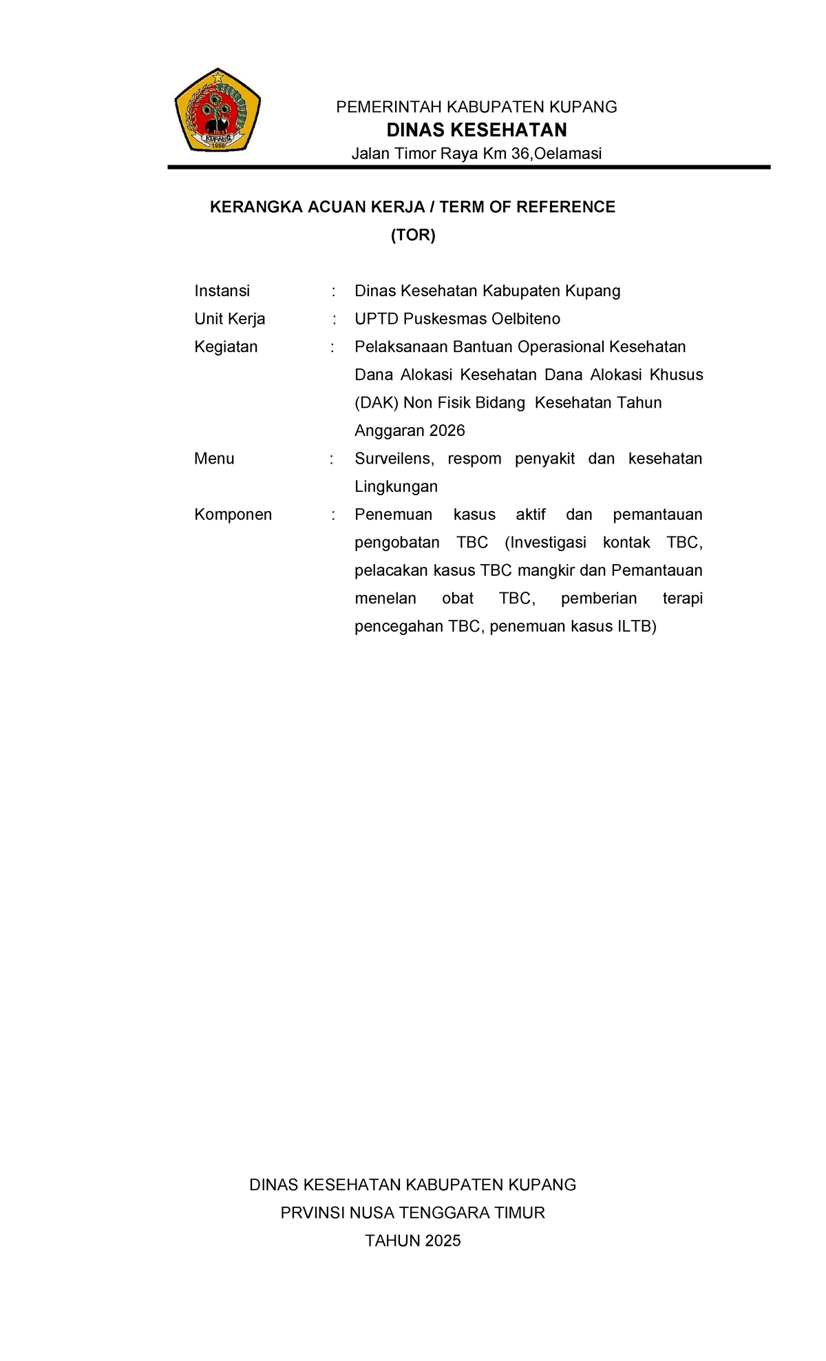 TOR TBC 2026: Kerangka Acuan Kerja Dinas Kesehatan Kabupaten Kupang ...