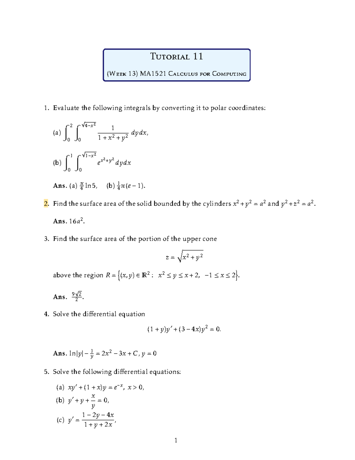 Tutorial 11 - Tutorial 11 (Week 13) MA1521 Calculus for Computing ...