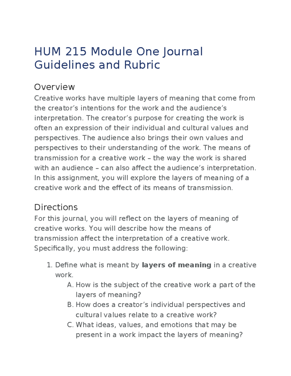 HUM 215 Module 1 Journal: Exploring Layers of Meaning in Creative Works ...
