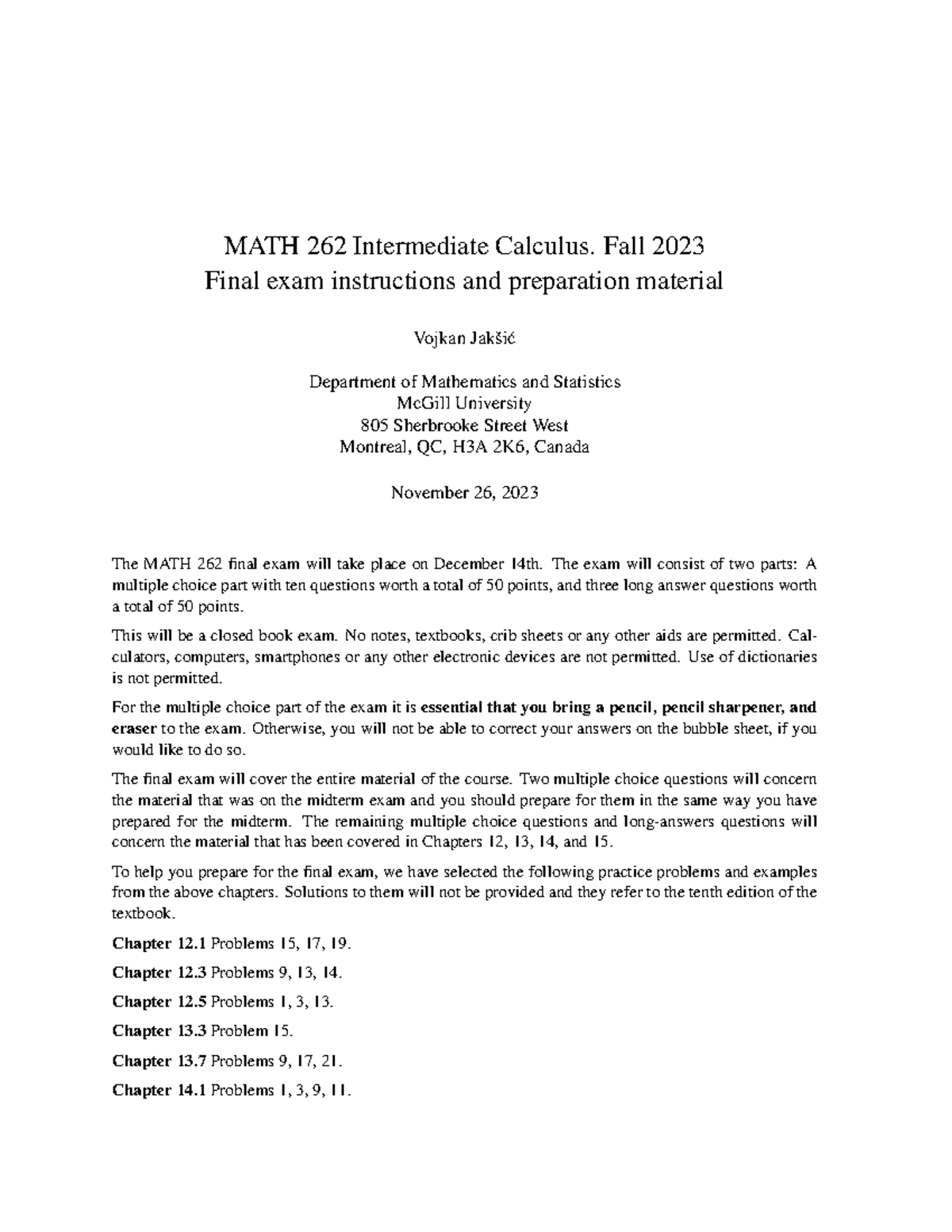 MATH 262 Final Exam Prep Guide - Intermediate Calculus Fall 2023 - Studocu