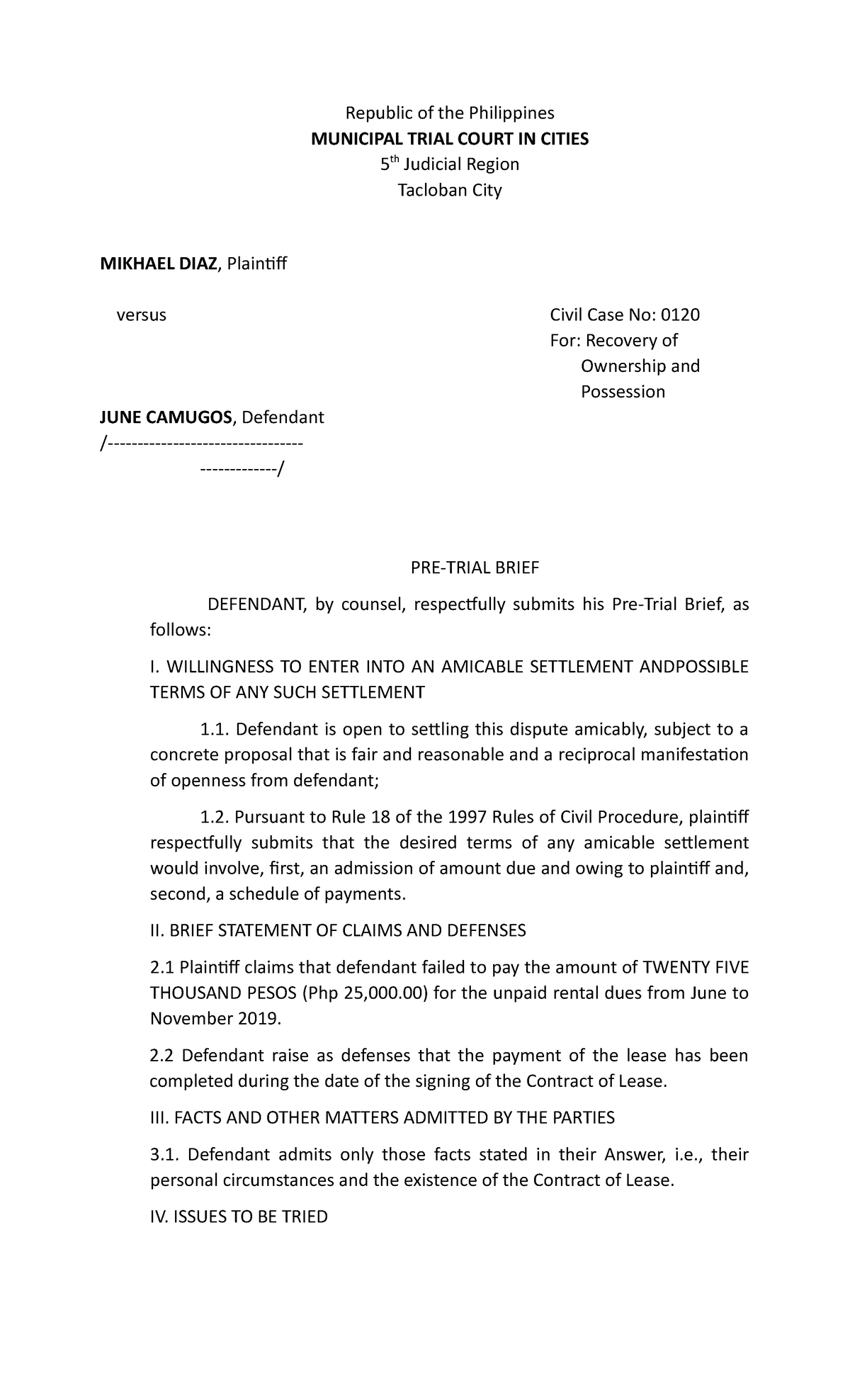 Pre-Trial Brief for Defendant in Civil Case No. 0120 - Studocu