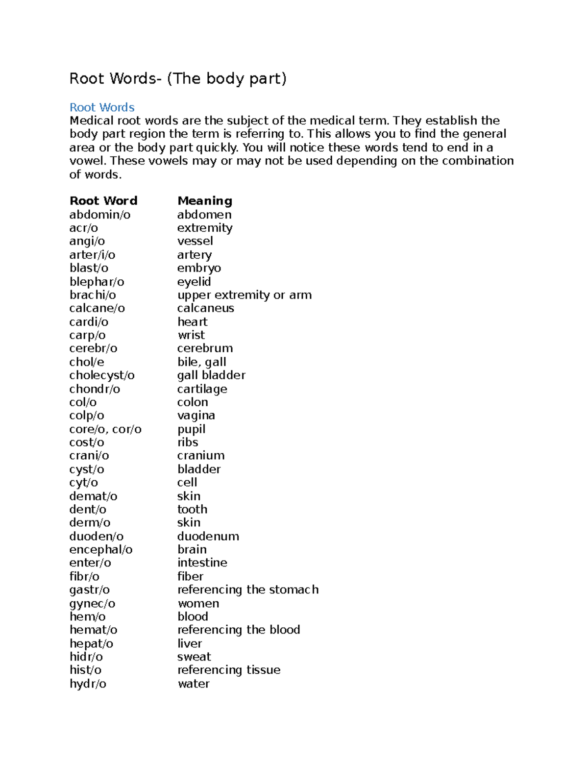 HCAS123-Root Words in Medical Terminology: Body Parts Explained - Studocu