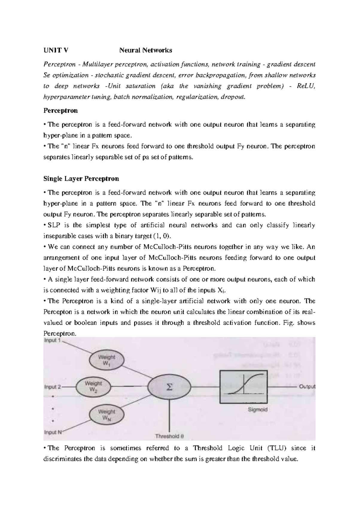 UNIT V - Neural Networks Lecture Notes: Perceptron & Activation ...