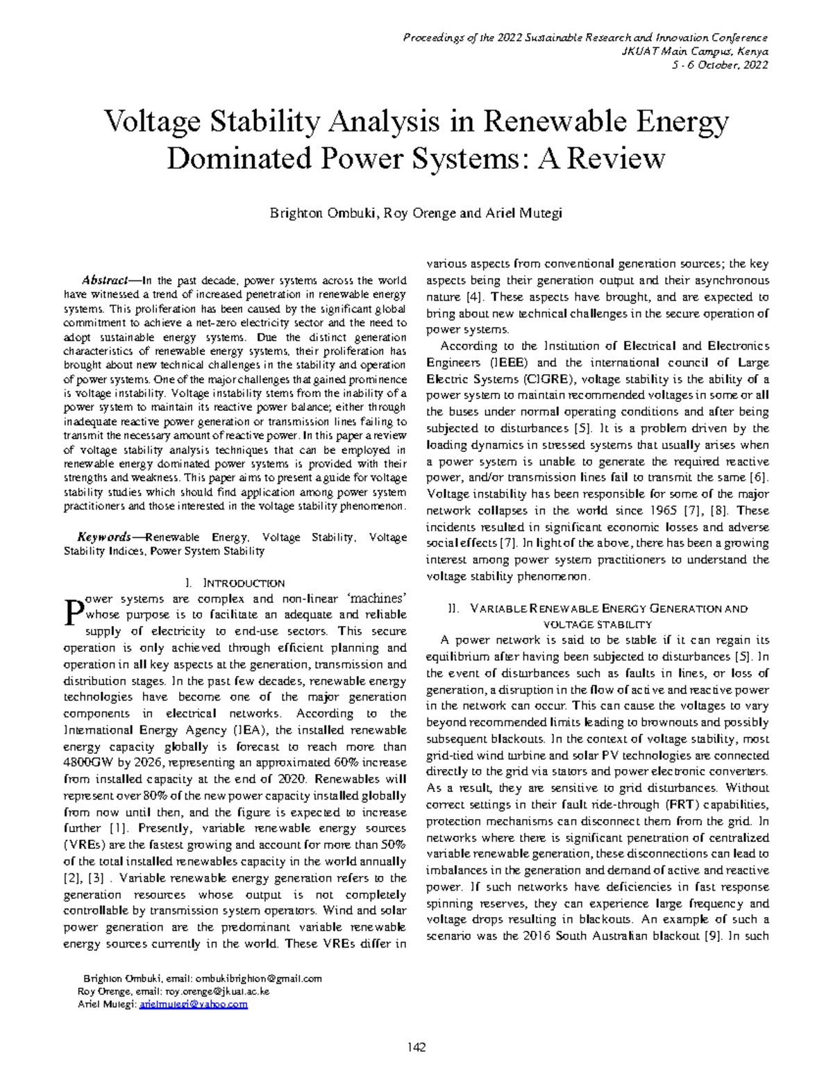 SRI-2022: Voltage Stability Analysis in Renewable Energy Systems - Studocu