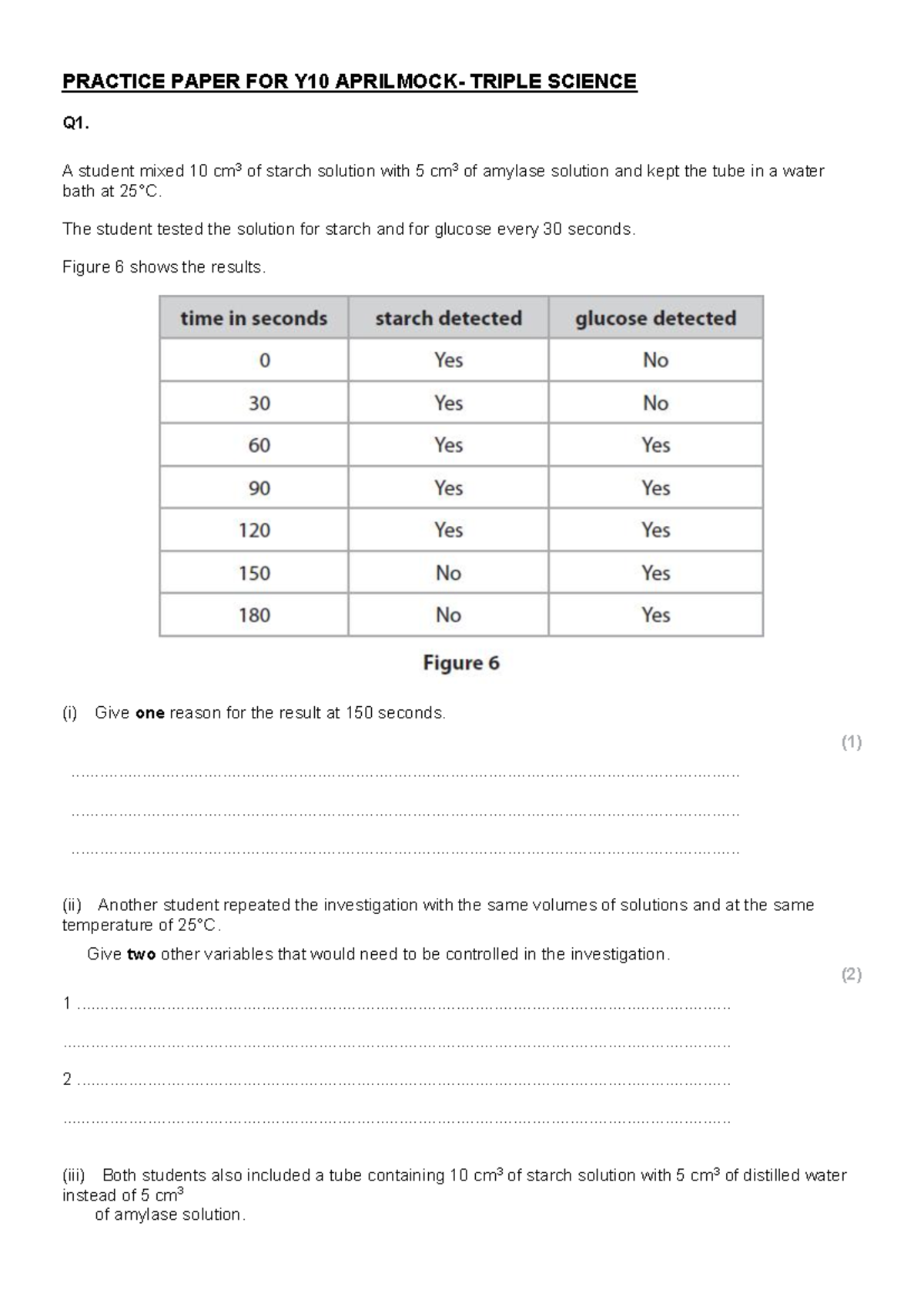 Triple Science Y10 Practice Paper for April Mock Exam - Studocu